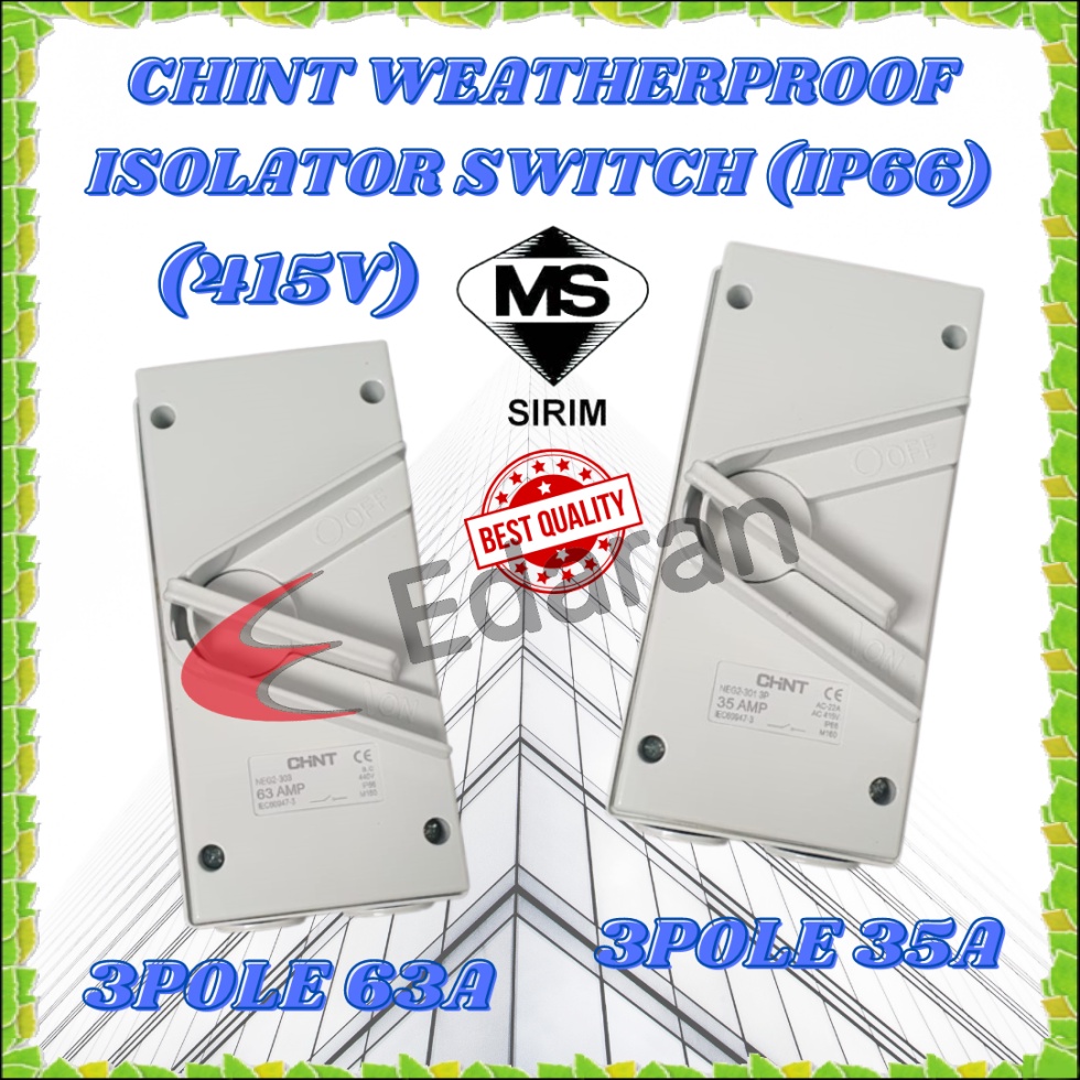 CHINT NEG2 SERIES 3 POLE WEATHERPROOF ISOLATOR SWITCH (IP66) 415V - 35A ...