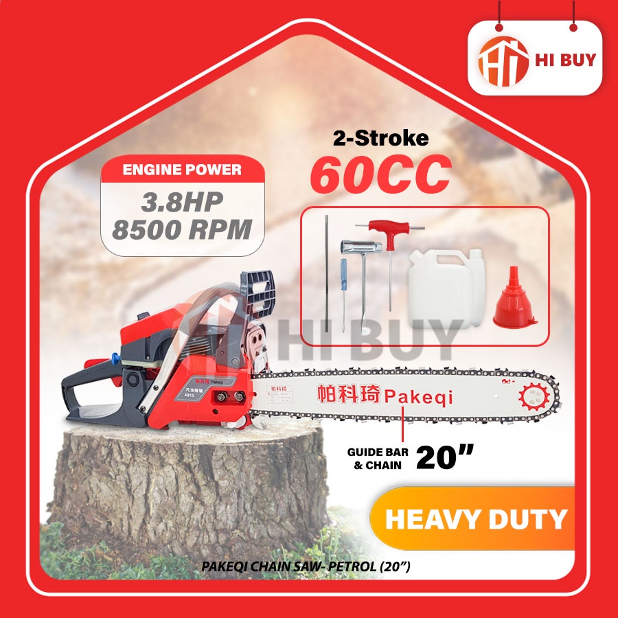 PAKEQI CHAIN SAW 20" 60CC/ 2 STROKE GASOLINE MACHINE/ HEAVY DUTY/ MESIN ...