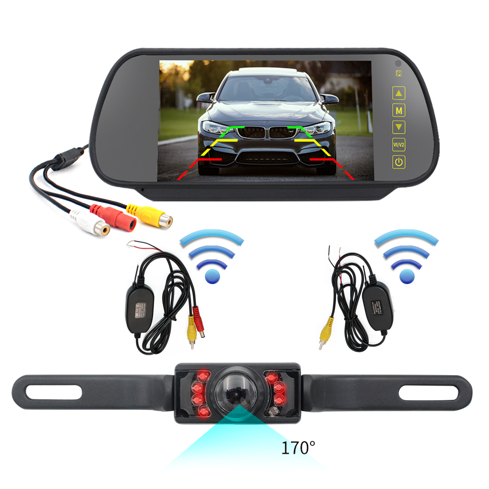 7" car lcd monitor mirror+wireless ir reverse car rear view backup ...