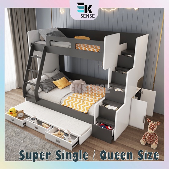 EKSENSE Nordic Double Decker Bunk Bed Frame Pull Out Bed Drawer Cabinet ...