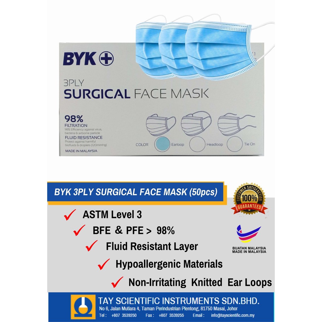 [READY STOCK] BYK Surgical Face Mask 3 PLY (EARLOOP) 50 PCS ASTM Level ...