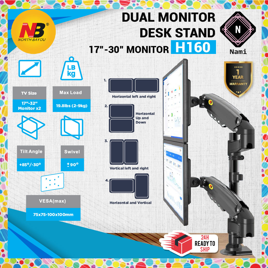 Nb north bayou h160 gas spring desktop 30" dual monitor holder arm ...