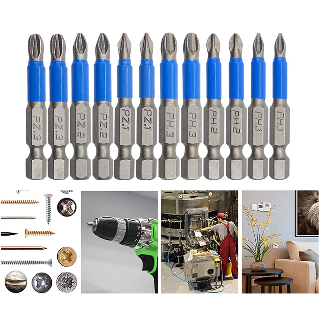 12Pcs Magnetic Anti Slip Screwdriver Phillips Bit Set (PH1 PZ1 PH2 PZ2 PH3 PZ3), 50mm Length ...