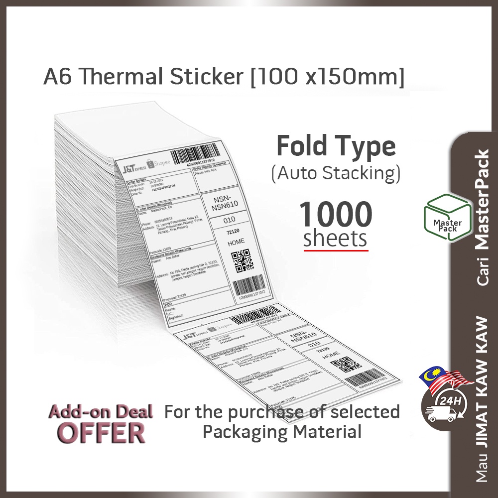 1000 PCS A6 Thermal Sticker Thermal Label Shopee Air Waybill 10 x 15 cm ...