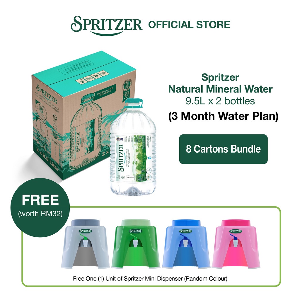 Spritzer Natural Mineral Water - 8 Cartons (9.5L X 2) [3 Month Water Plan] + Mini Dispenser ...