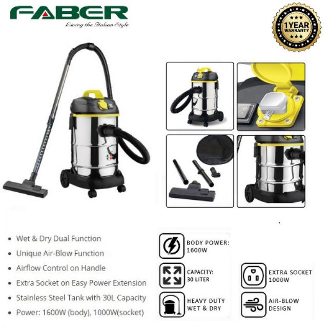 Faber Heavy Duty HIGH 3100W* Wet & Dry Vacuum Cleaner FVC-WD POWERVAC 830 (Stainless Steel 30L ...
