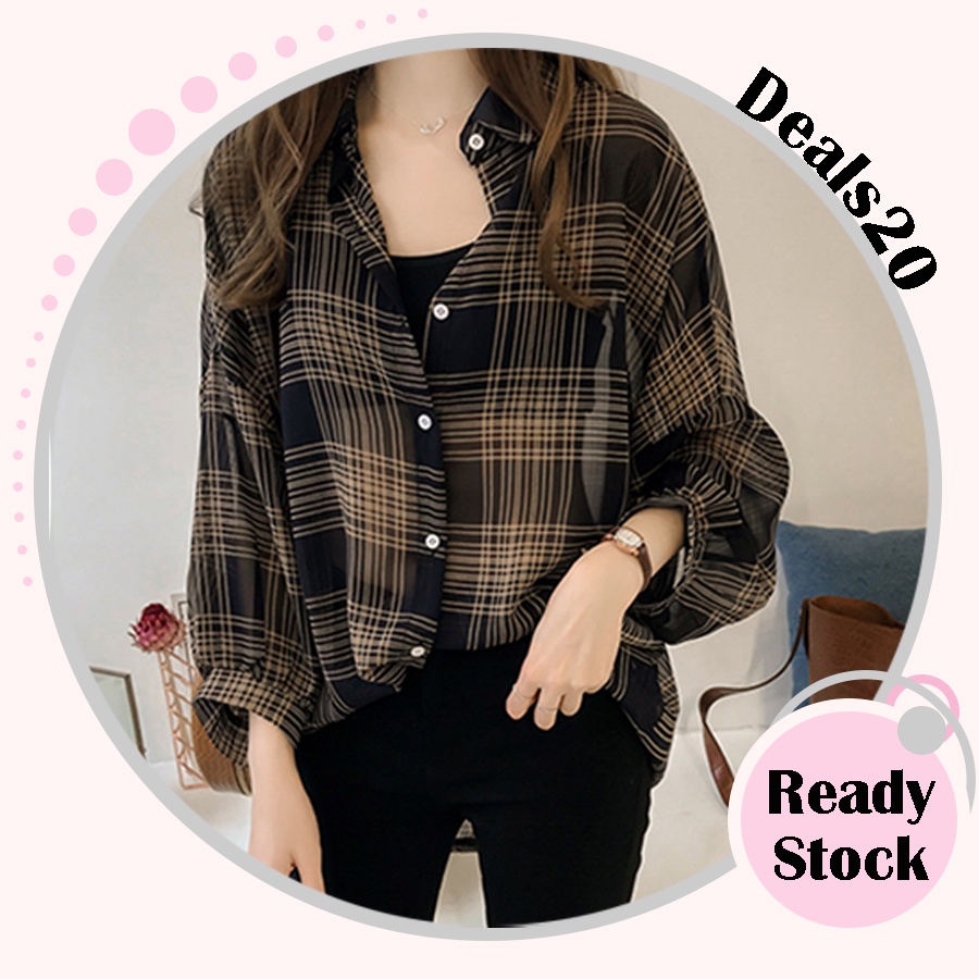 SHIP IN 23 HOUR [DEALS20] READY STOCK S-3XL Women Checkered Blouse Long ...