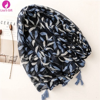 Muslim fashion flowy cotton shawl simple blue leaf printed wide shawl ...