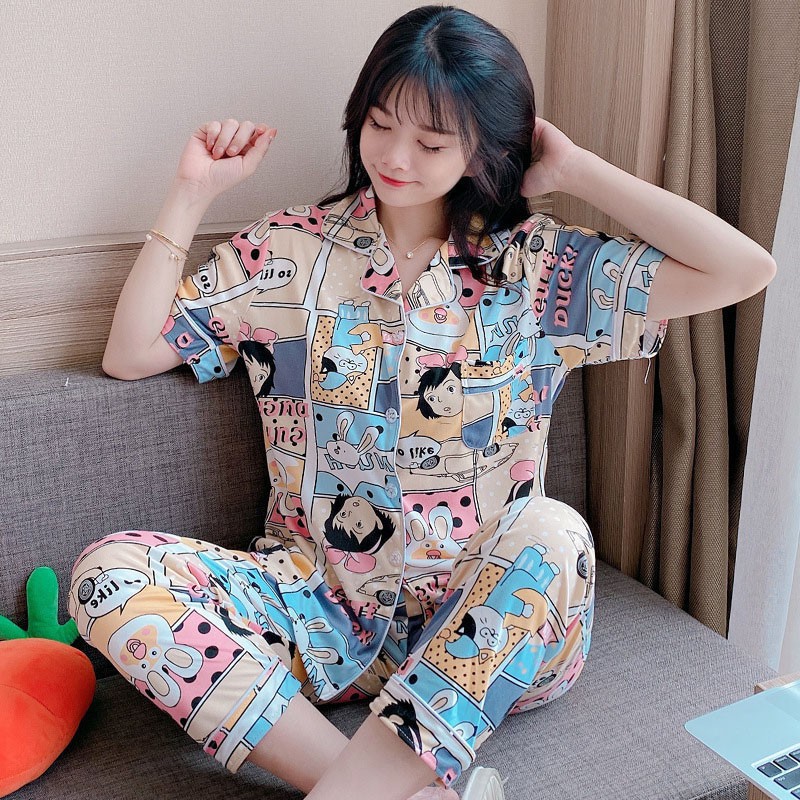 Women Korean Short Sleeved Pyjamas Set Cartoon Printed Loose Sleepwear ...