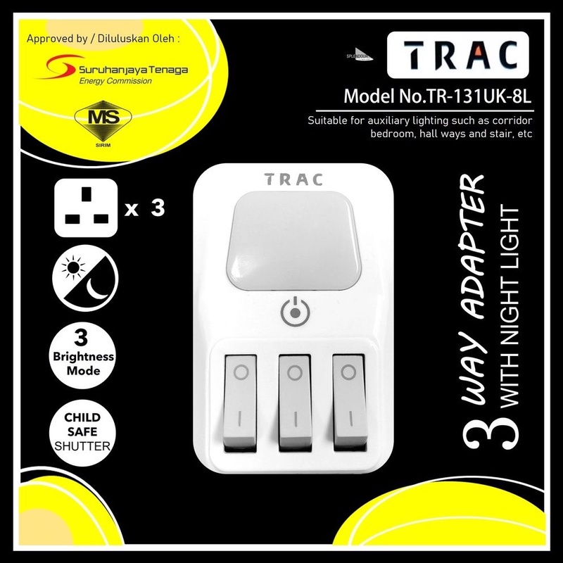 TRAC -3 Way Adaptor With Night Light- Fused Plug -3 Brightness Mode- 3 ...