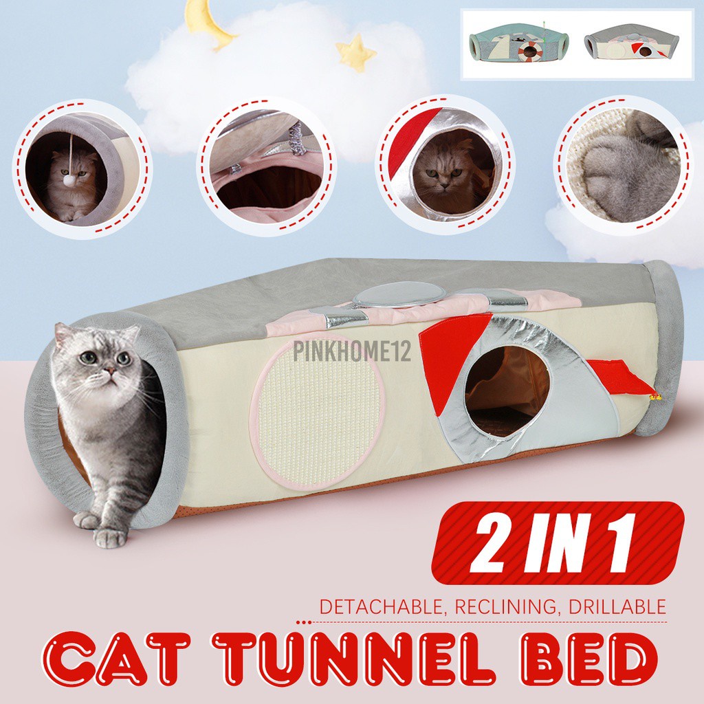 New Cat Tunnel Bed with Mat Collapsible 2 Way Tube with Scratching Ball ...