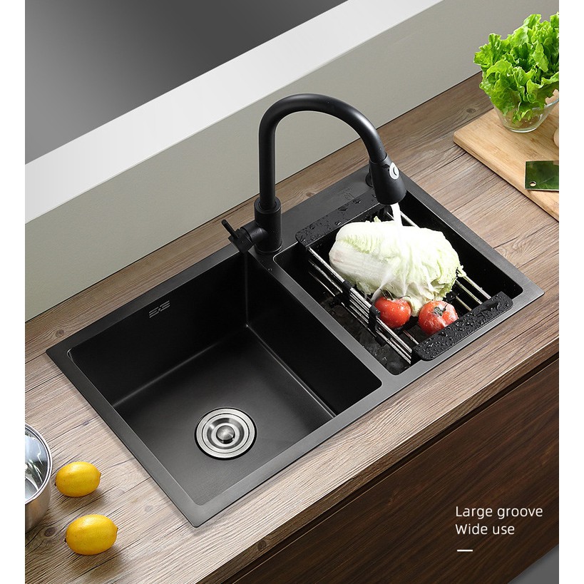 Black Kitchen Sink Double Bowl Handmade Stainless Steel Seamless ...