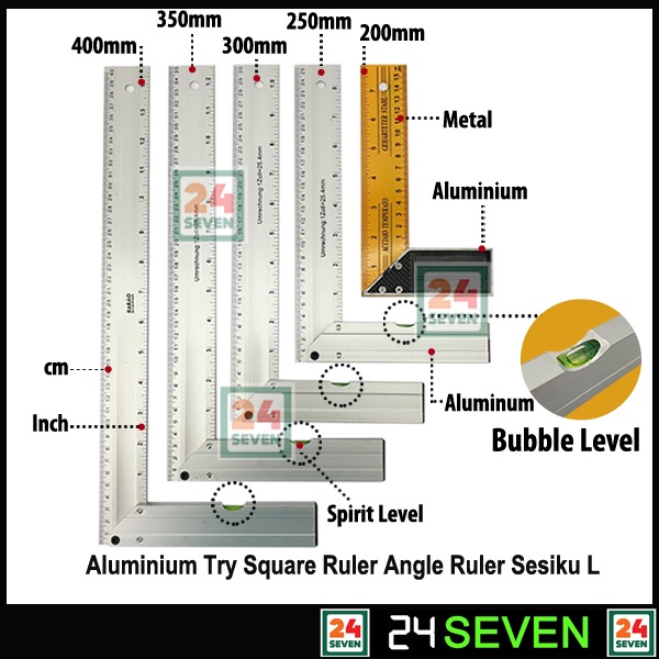 Aluminium Try Square Ruler Angle Ruler With/without Bubble Level Sesiku ...