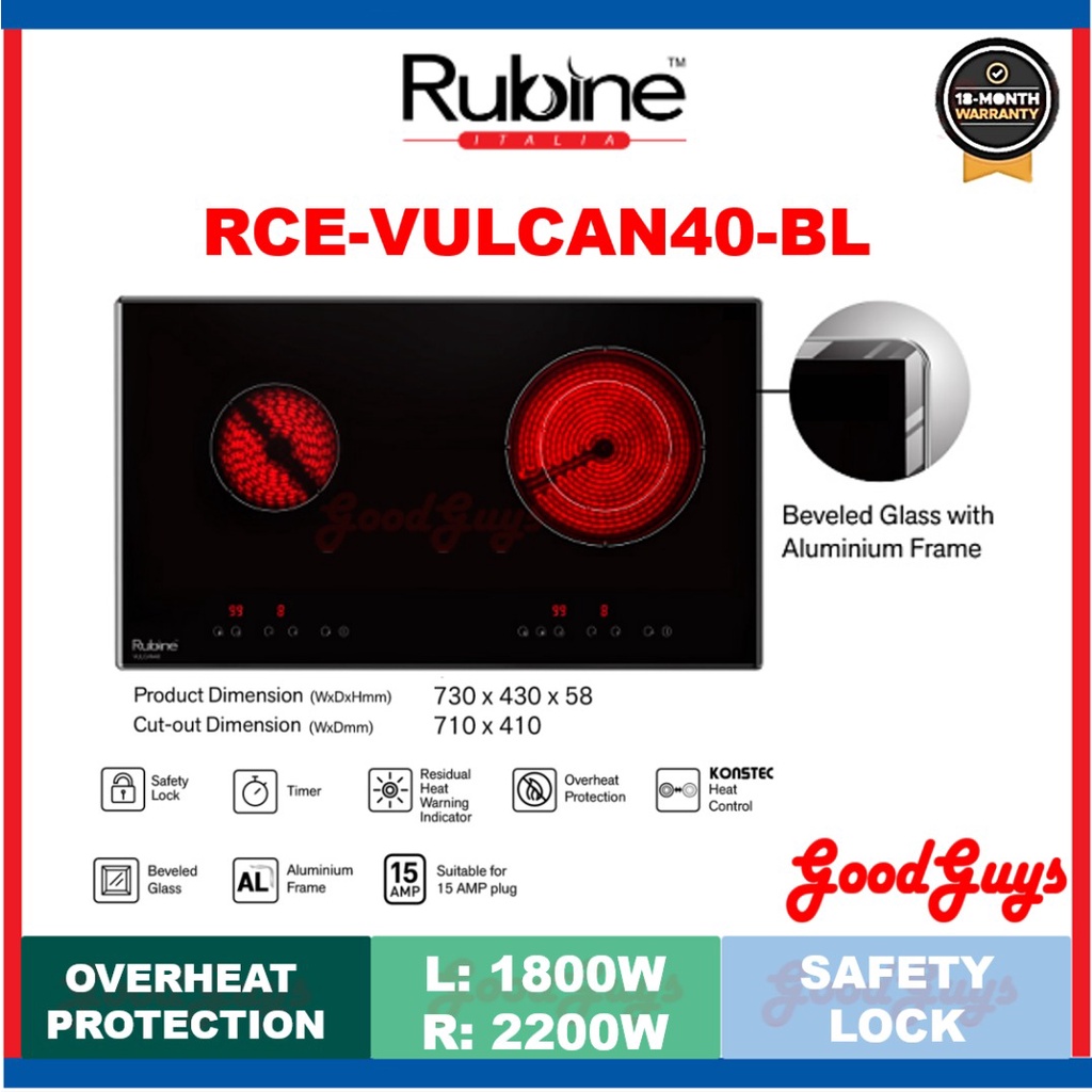 Rubine RCE-VULCAN40-BL Built-In Ceramic Glass Cooker KONSTEC Heat ...