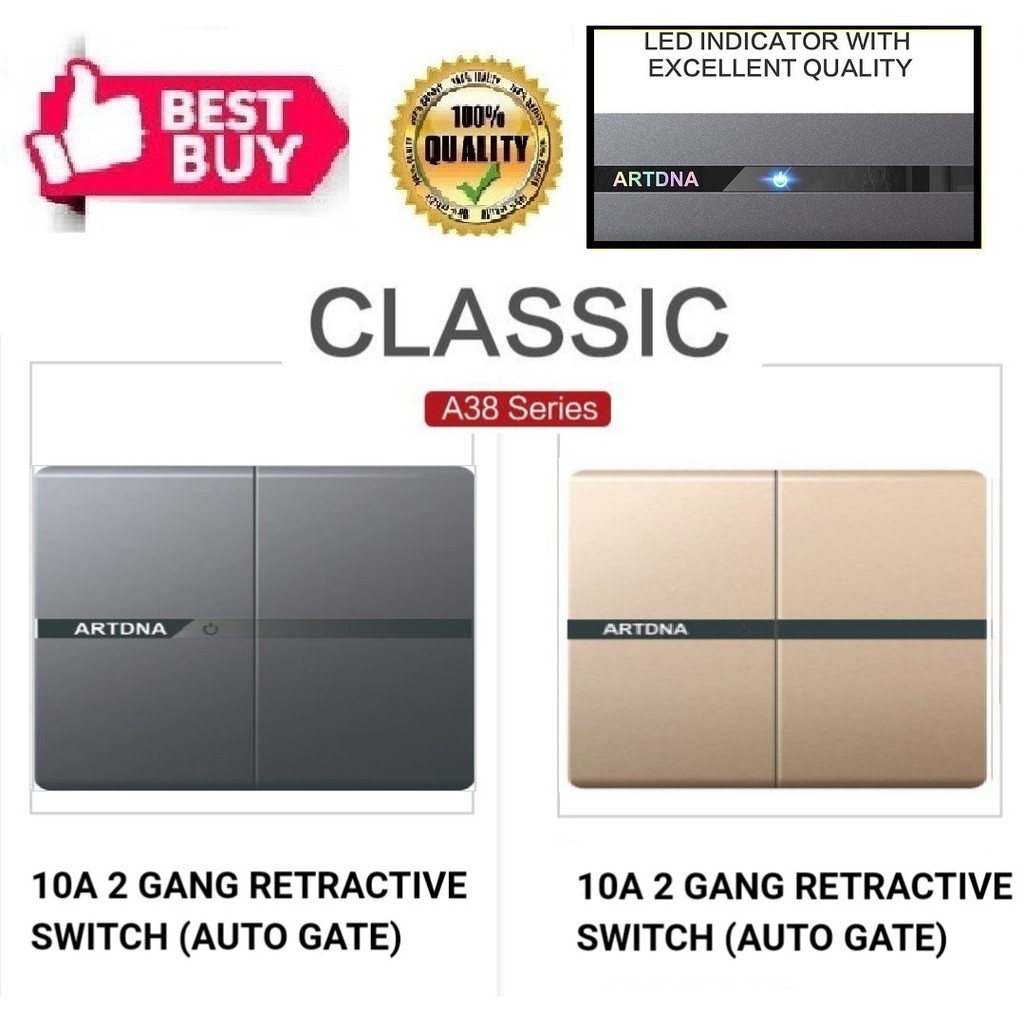 10A 2G Retractive Switch (Auto Gate) (A38 Series) (Dark Grey/Gold ...