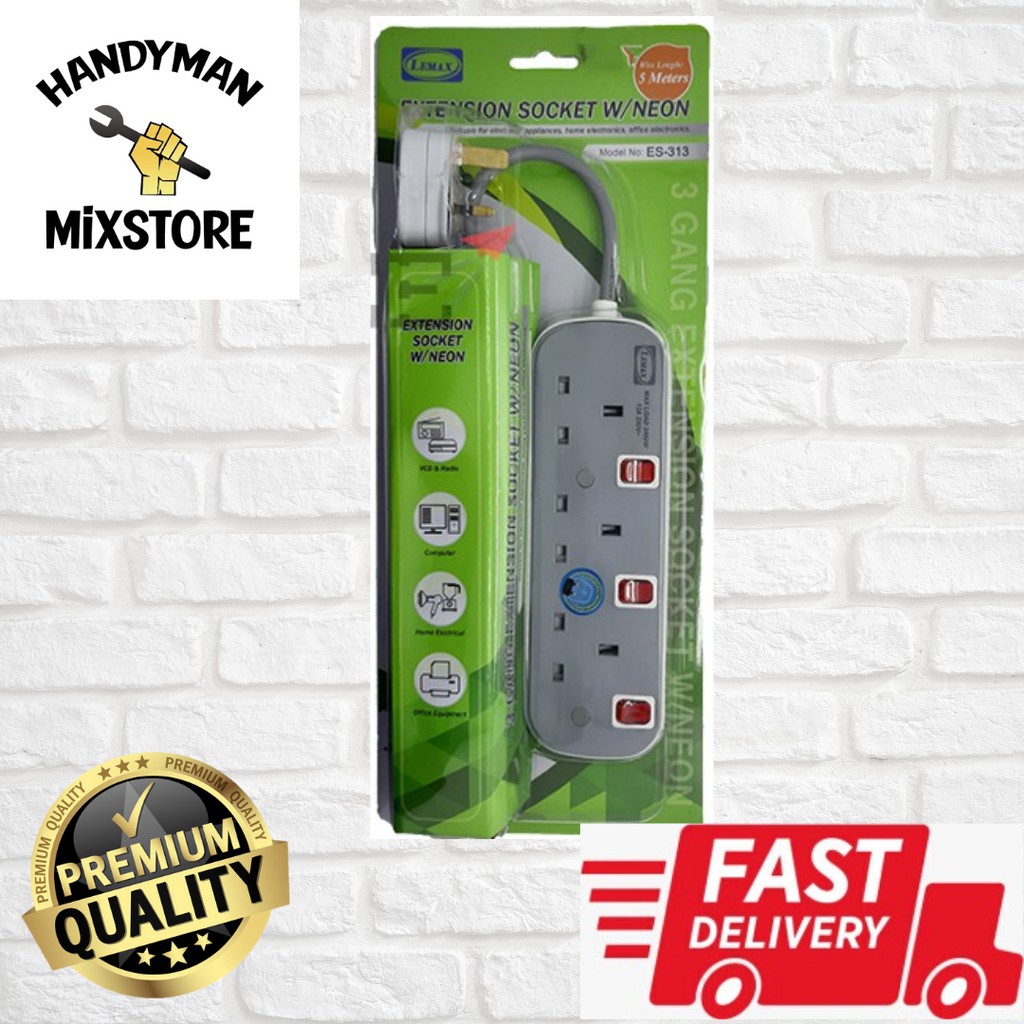 LEMAX 3 Pin Extension Socket (Grey) | Shopee Malaysia
