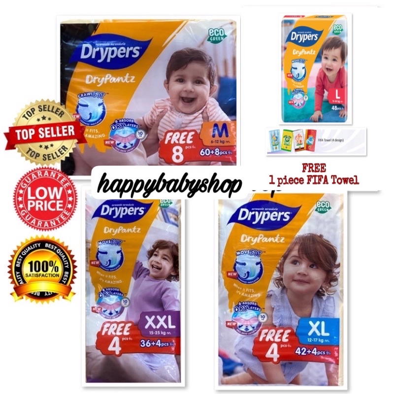 Drypers Drypants Diapers Pants - M60 ( 3 packs ), L48+ free towel ( 4 ...