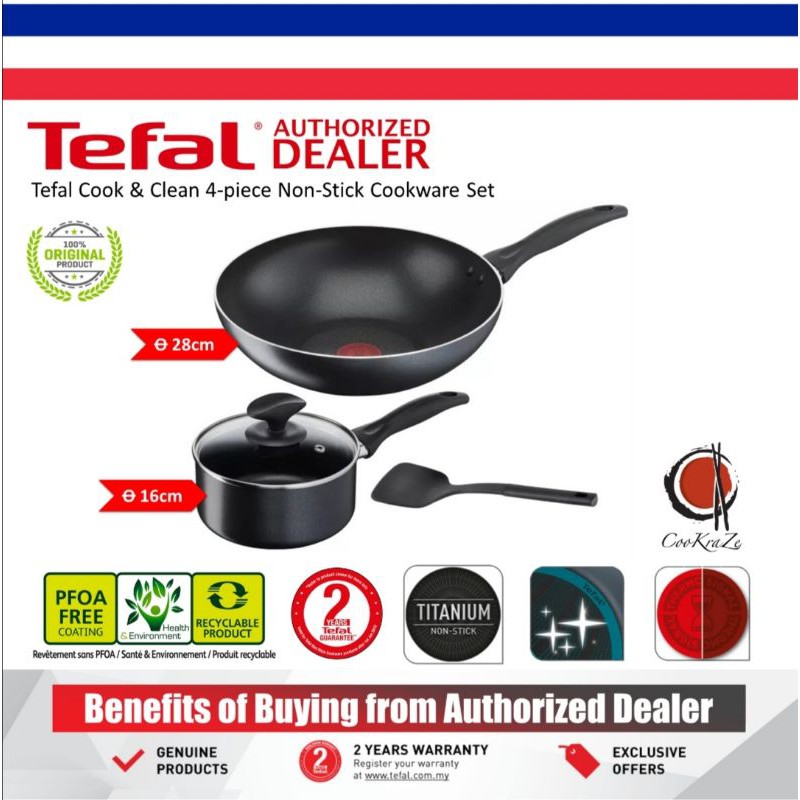 TEFAL COOK & CLEAN 4 PIECE NON STICK COOKWARE SET B225S4 WOKPAN SAUCEPAN LID FRYPAN POT PAN FRY ...