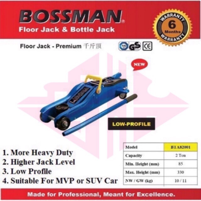 Bossman B-TA82001 Heavy Duty 2 Ton Low Profile Hydraulic Floor Jack (11 ...