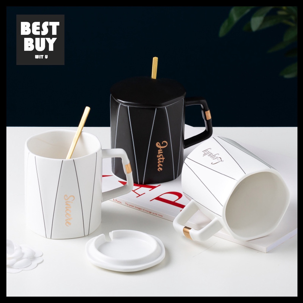 (400ml Ceramic Mug)Nordic Style Home& Love Simple gilt ceramic mug with lid and spoon, coffee ...