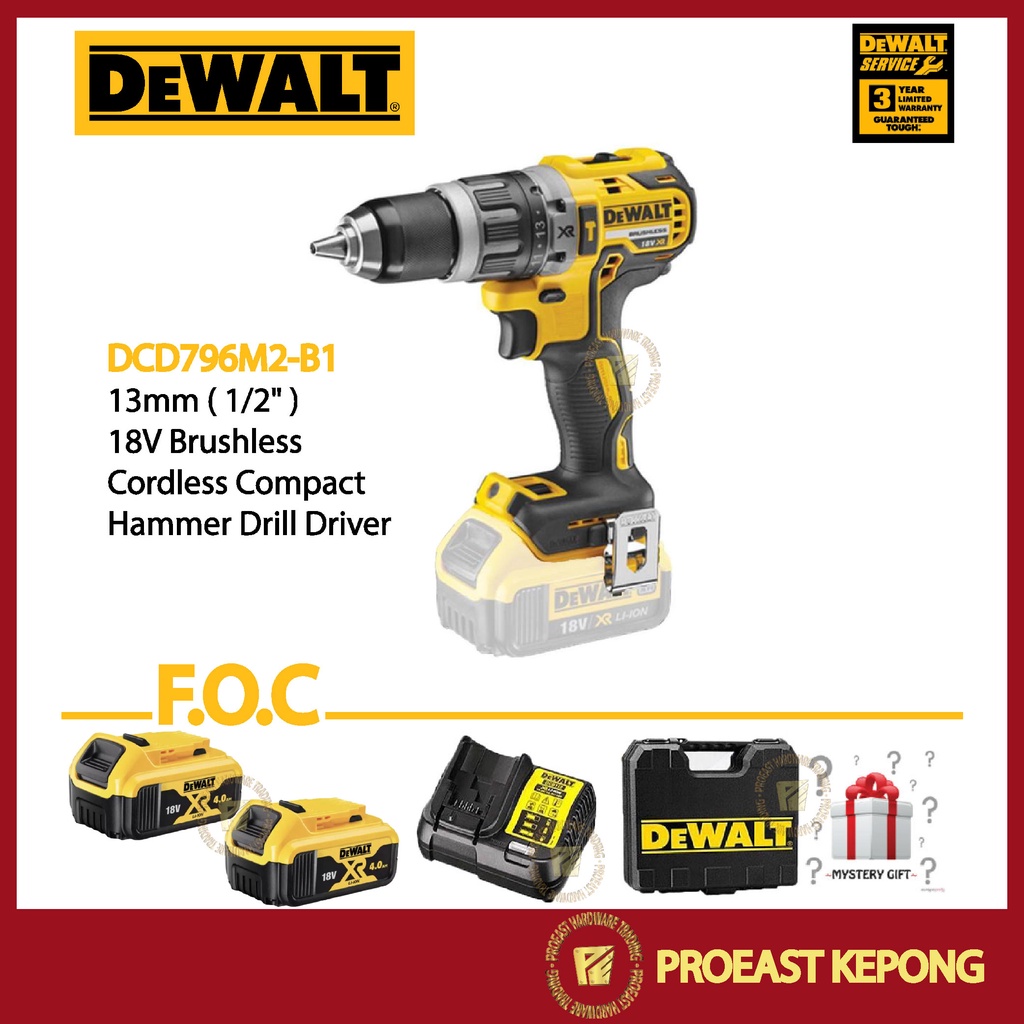 DEWALT DCD796M2-B1 13mm ( 1/2" ) 18V Brushless Cordless Compact Hammer ...