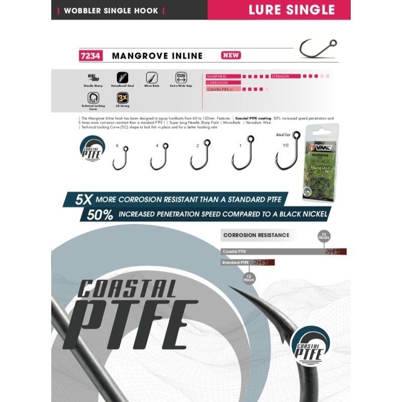 Vmc mangrove single hook 3x coastal ptfe 7234ct | BeeCost