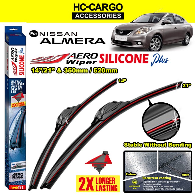 Nissan Almera Aero Wiper Red Line Silicone Plus 1pair (14"/21" & 350mm/520mm) ~ U-Hook Type ...