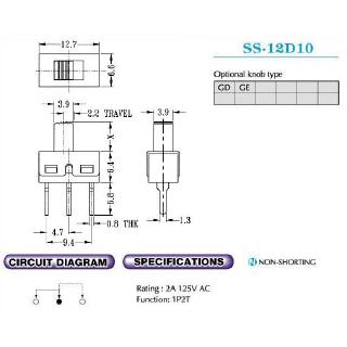 10pcs SS12D10 Toggle Switch 1P2T Handle High 5mm Pitch 4.7mm SS-12D10 ...