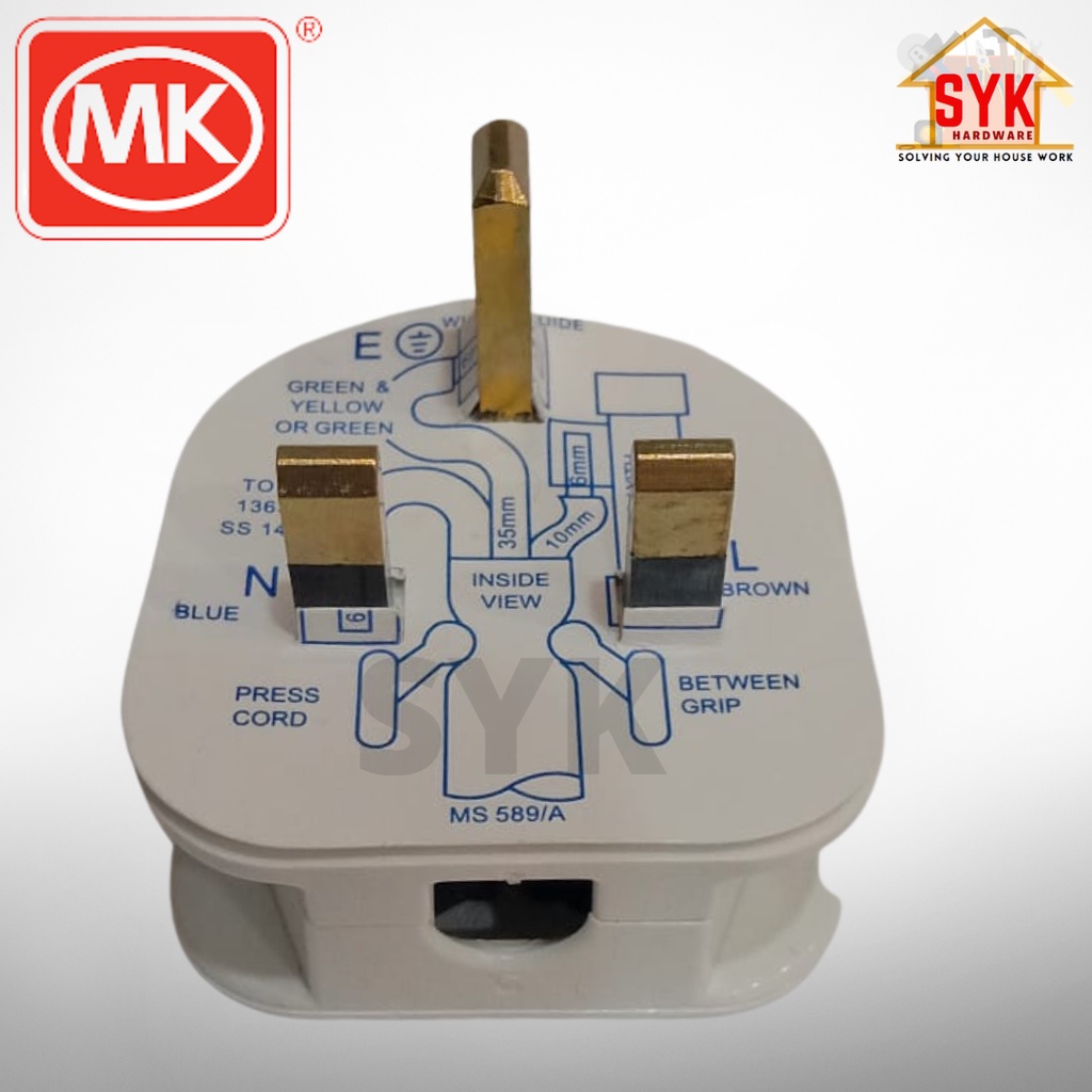 SYK MK 13Amp 250V WHI 654 3 Pin Electric Safety Fused Plug Top Rewireable UK Fuse Plug Kepala ...