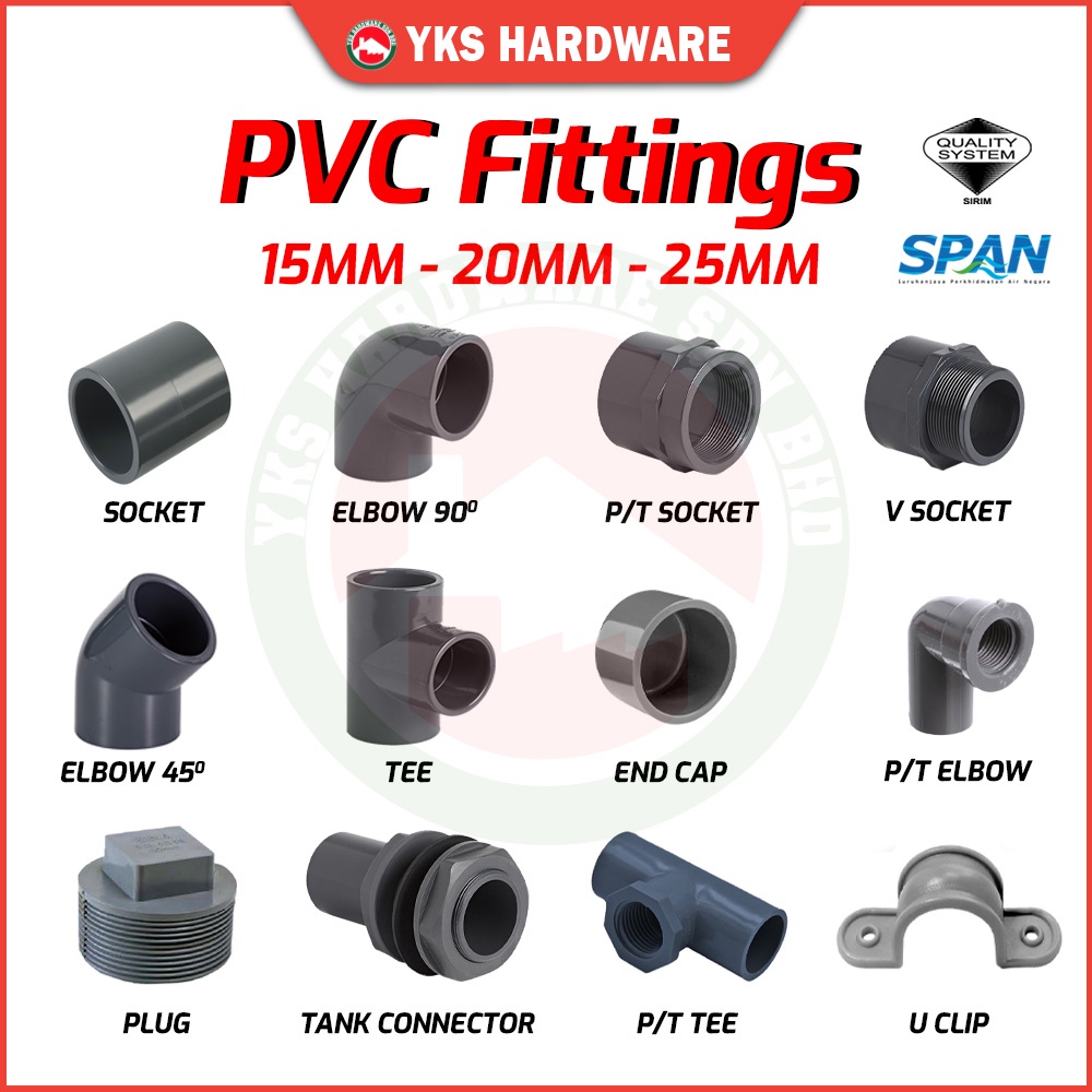 15MM/ 20MM/ 25MM / PVC Fittings - Socket/Elbow/Tee - P/T Socket Elbow/Valve Socket/Plug/End Cap ...