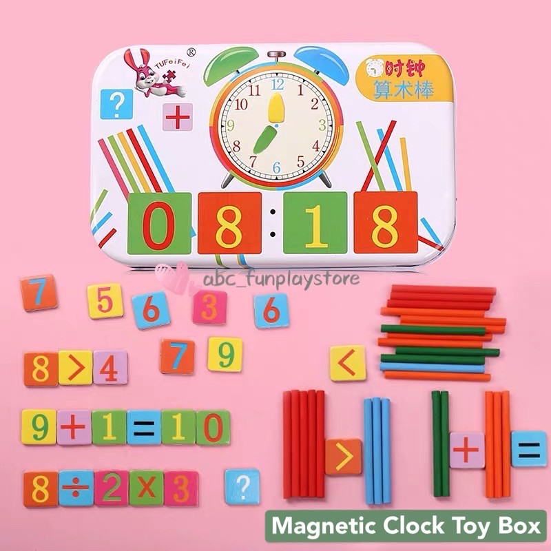 Magnetic Clock Steel Toy Box Counting Sticks & Blocks Kids Education ...