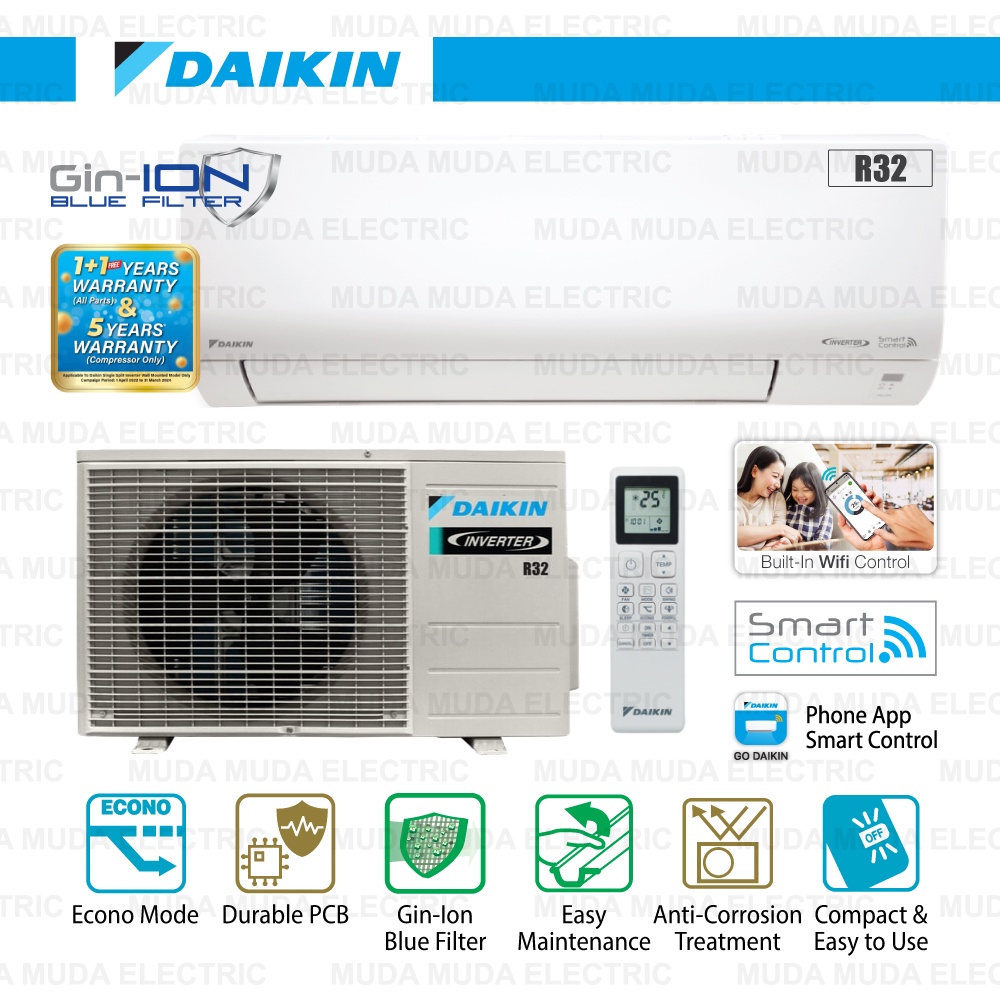 Daikin 1.0HP Standard Inverter Air Conditioner FTKF Series R32 Wifi ...