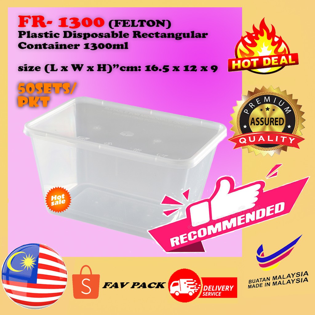 FR-1300 (FELTON) Plastic Disposable Rectangular Container 1300ml (50set ...
