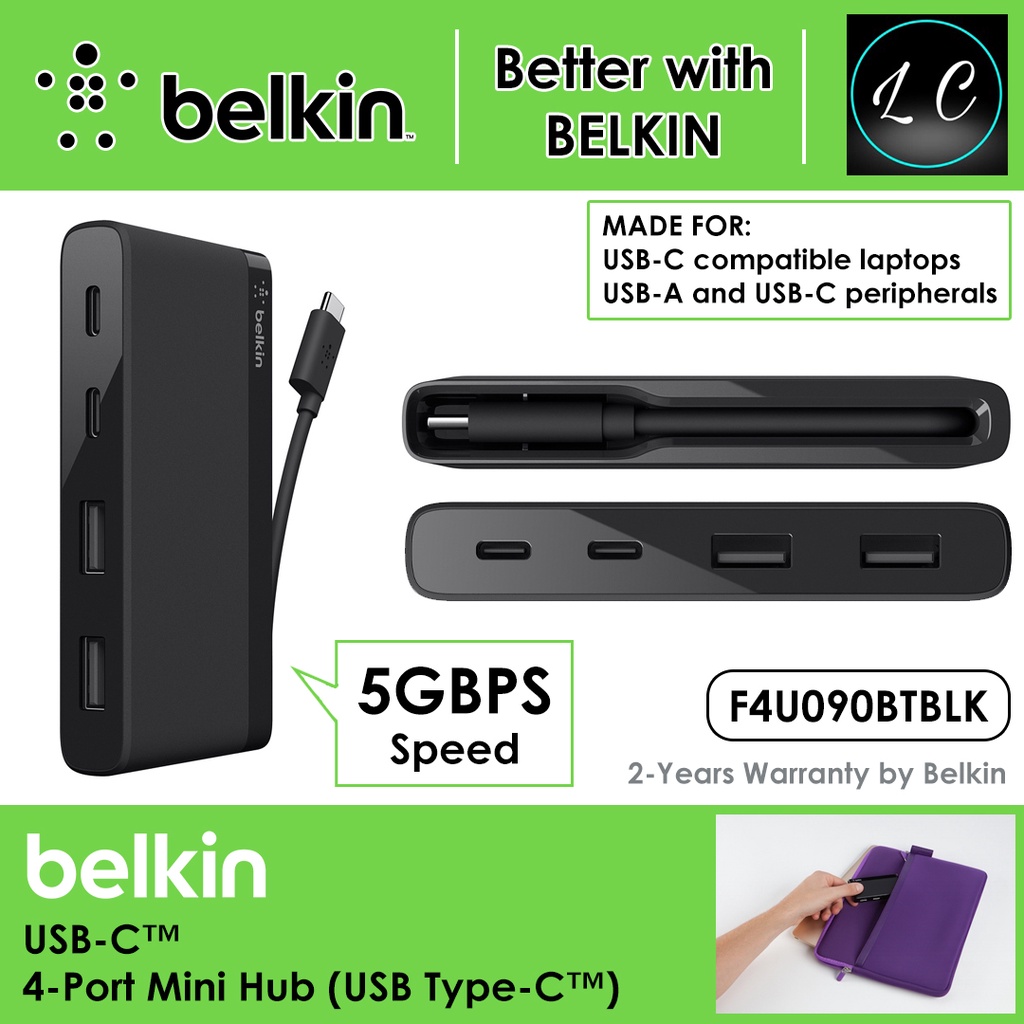 Belkin Original F4U090btBLK USB-C 4-Port Mini Hub - USB 3.1 & 5 Gbps ...