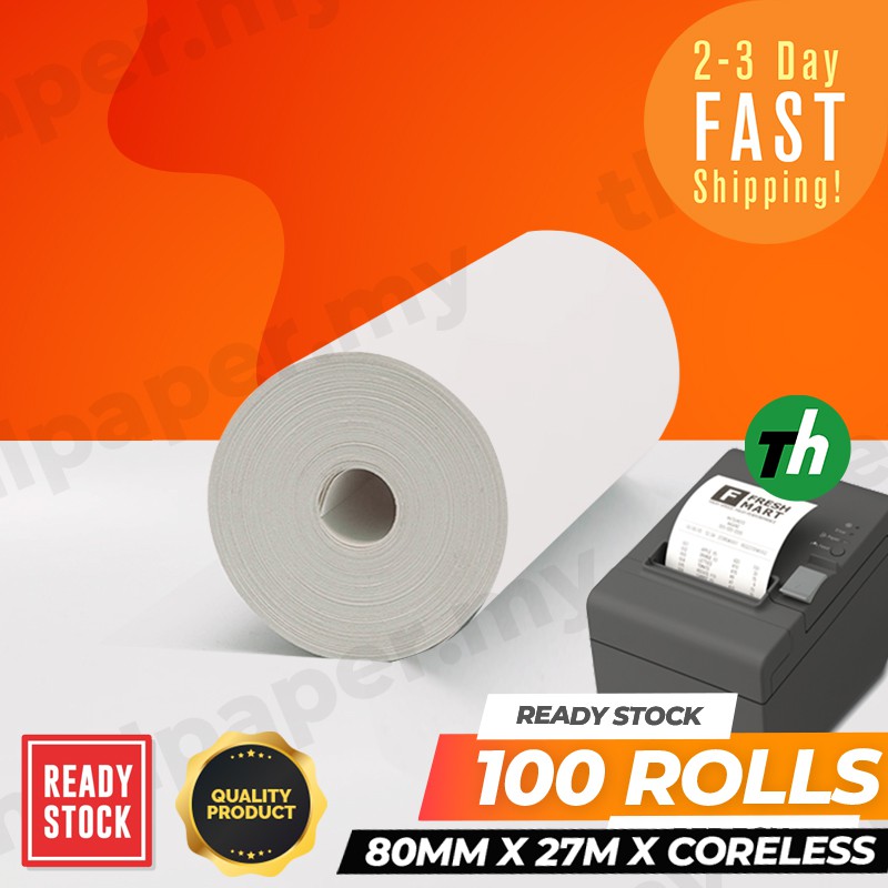 Rm1.20 per roll. 80mm x 27m x coreless thermal receipt paper roll/resit ...