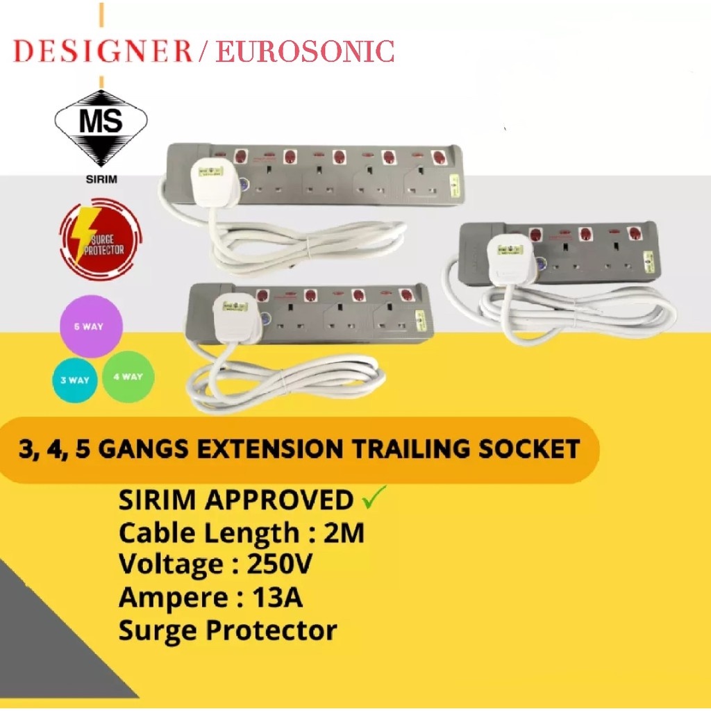 (Ready Stock)Designer/Eurosonic 3/4/5 Gang 13A Extension Trailing ...