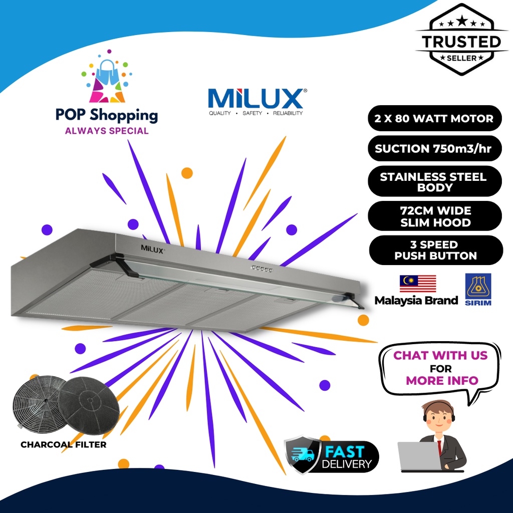 Milux Stainless Steel Slim Hood MHSS430 / 3Speed / 750m3/hr Suction ...