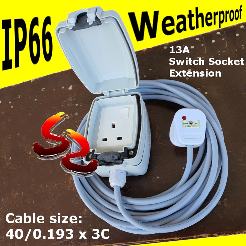 IP66 Weatherproof Single Trailing Socket Extension Wire With Cover ...