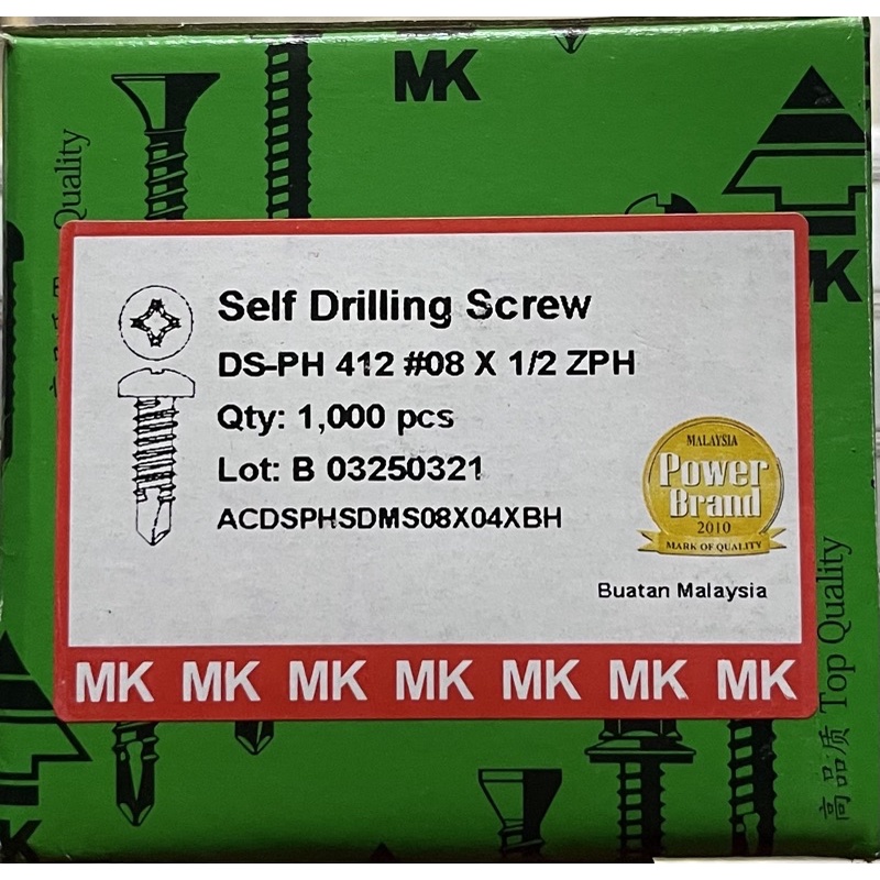 MK 412 DS-PH SELF DRILLING SCREW #8 X 1/2" ZPH (1000PCS) SCREW FOR ...