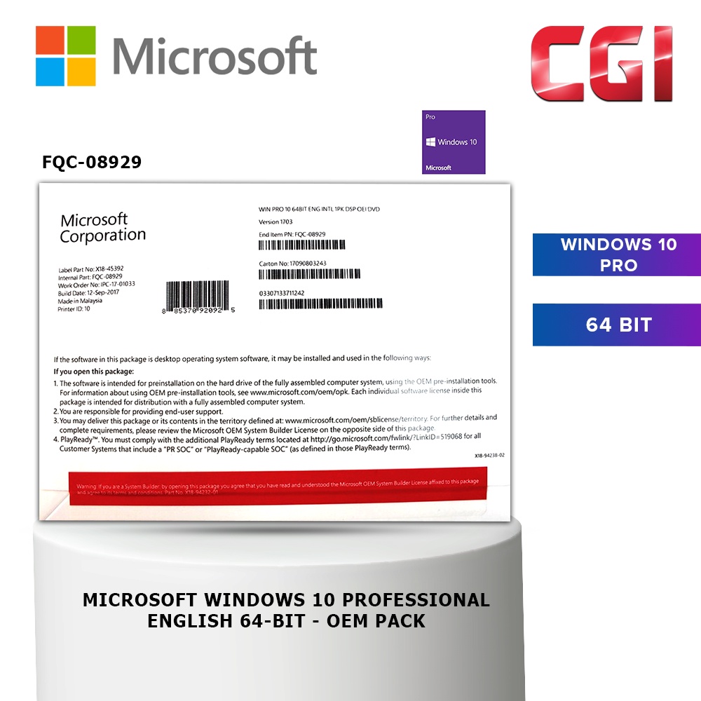 Microsoft Windows 10 Professional English 64-bit - OEM Pack (FQC-08929 ...