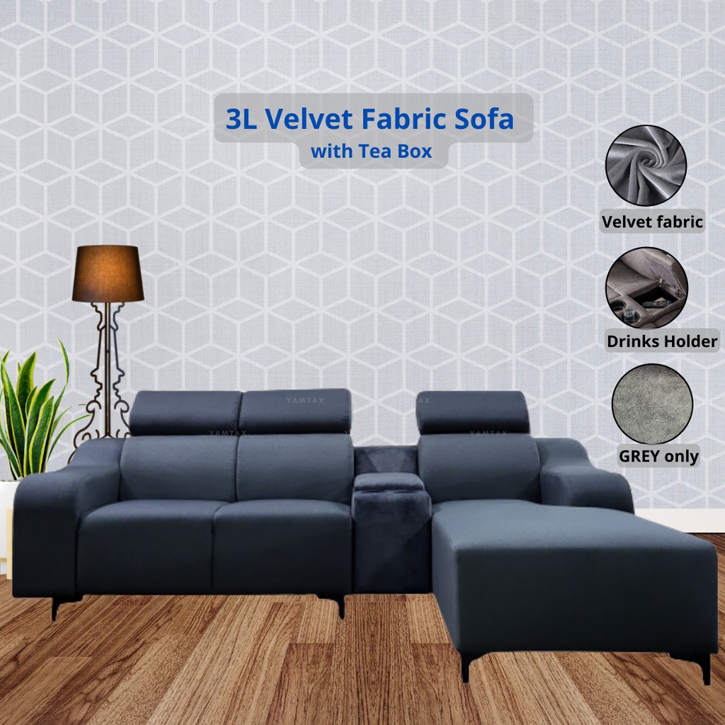 3L Velvet Fabric Sofa with TeaBox / L Shape Sofa Kain Baldu (YAMTAX ...