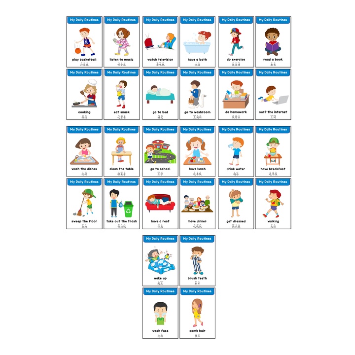 (PDF) 28pcs My Daily Routine Cards Chinese English Flashcards ...