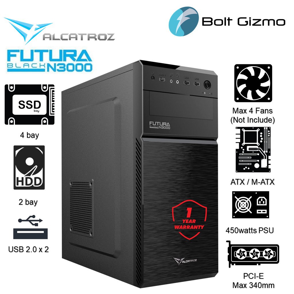 Alcatroz Futura Black N3000 ATX PC Case with 450 Watts Power Supply PC ...