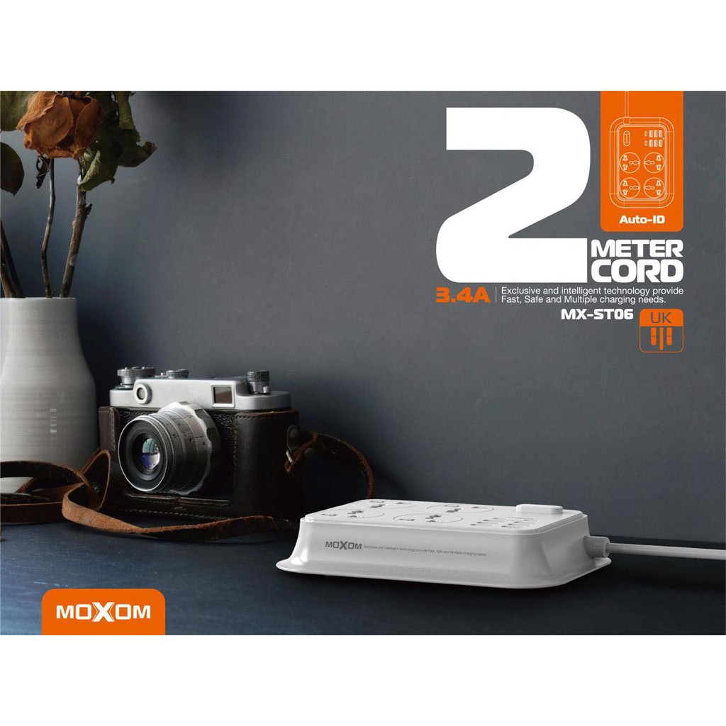 MOXOM MX-ST06 Extension Plug Cord with 4 Socket Outlets and 6 USB and 2 ...