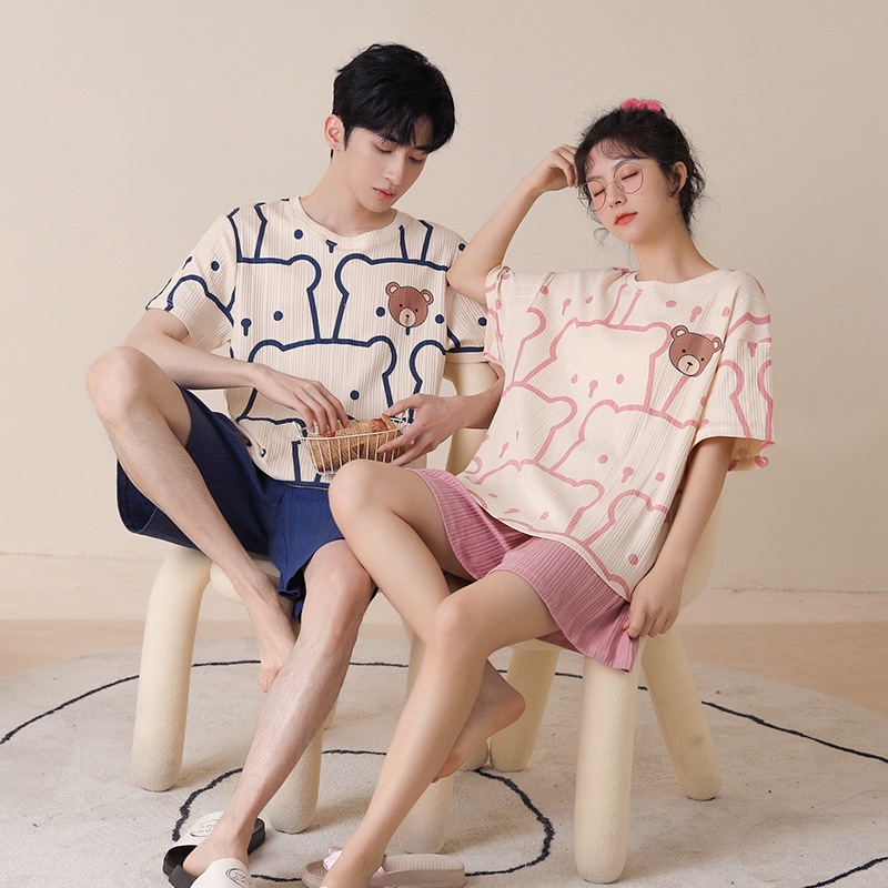 Summer Cotton Couple Pyjamas Set Short Sleeve Shorts Pant Nightwear ...