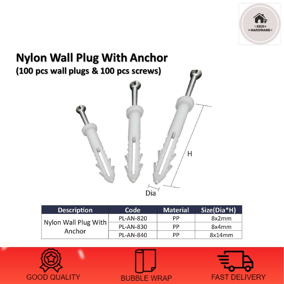 NYLON WALL PLUG ANCHOR WITH SCREWS NYLON WALLPLUG WITH SCREW (100SETS ...