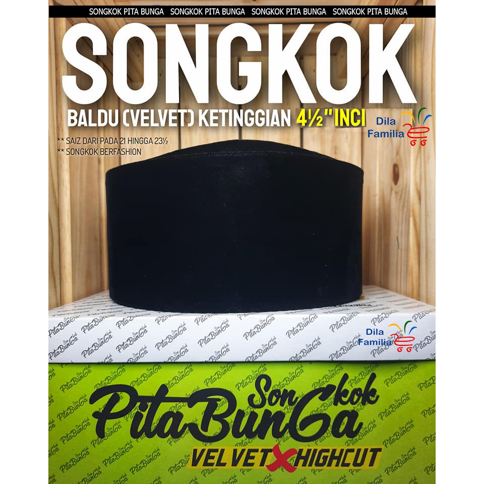Songkok Tinggi Johor 4 1/2 Inci Pita Bunga Dewasa Baldu Tebal Hitam VIP ...