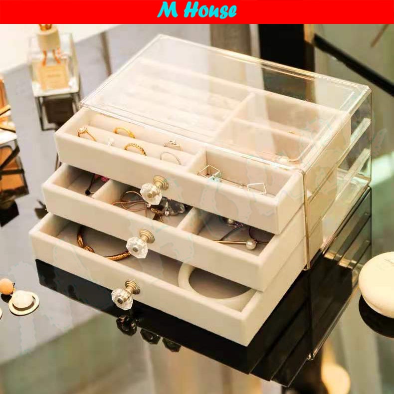 Jewelry Storage Box Transparent 3 Drawers Velvet Jewellery Boxes ...