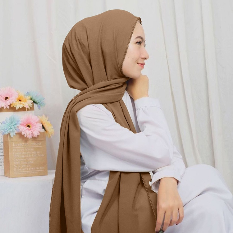 Zephia Lace Side Plain Crochet Chiffon Hijab Long Shawl Tudung Panjang Pashmina Muslimah (180cm ...