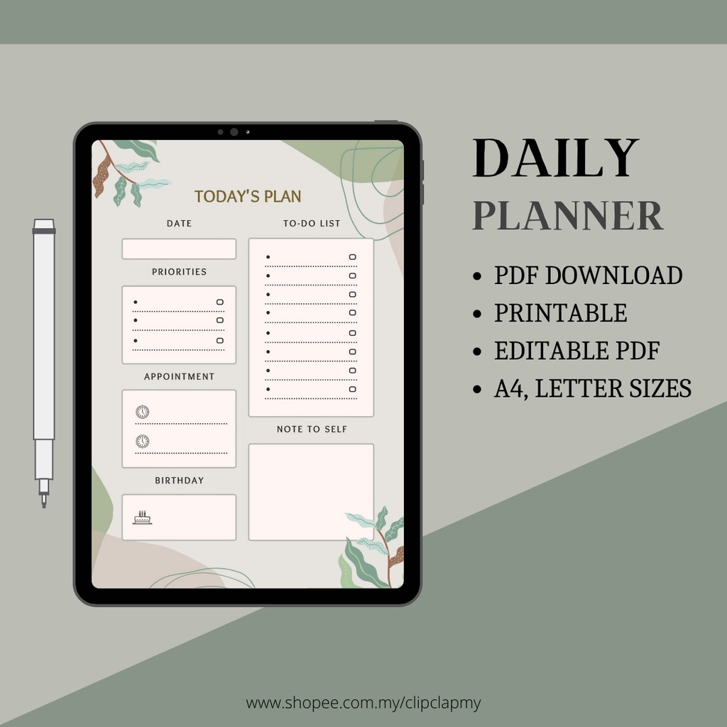 Daily Digital Planner | Printable & Editable PDF | Digital Download ...